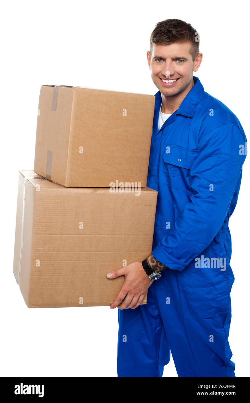 Relocation assistant staff carrying cardboard boxes isolated against ...