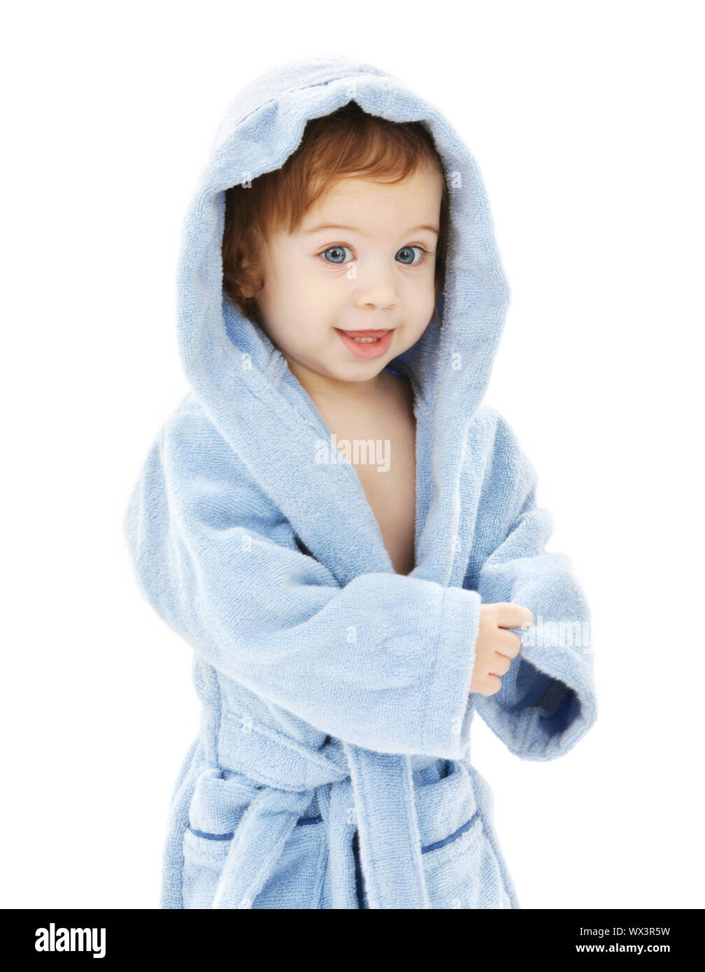 baby boy in blue robe over white Stock Photo - Alamy
