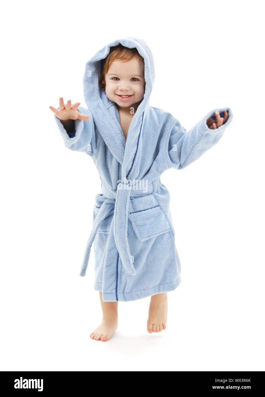 baby boy in blue robe over white Stock Photo - Alamy