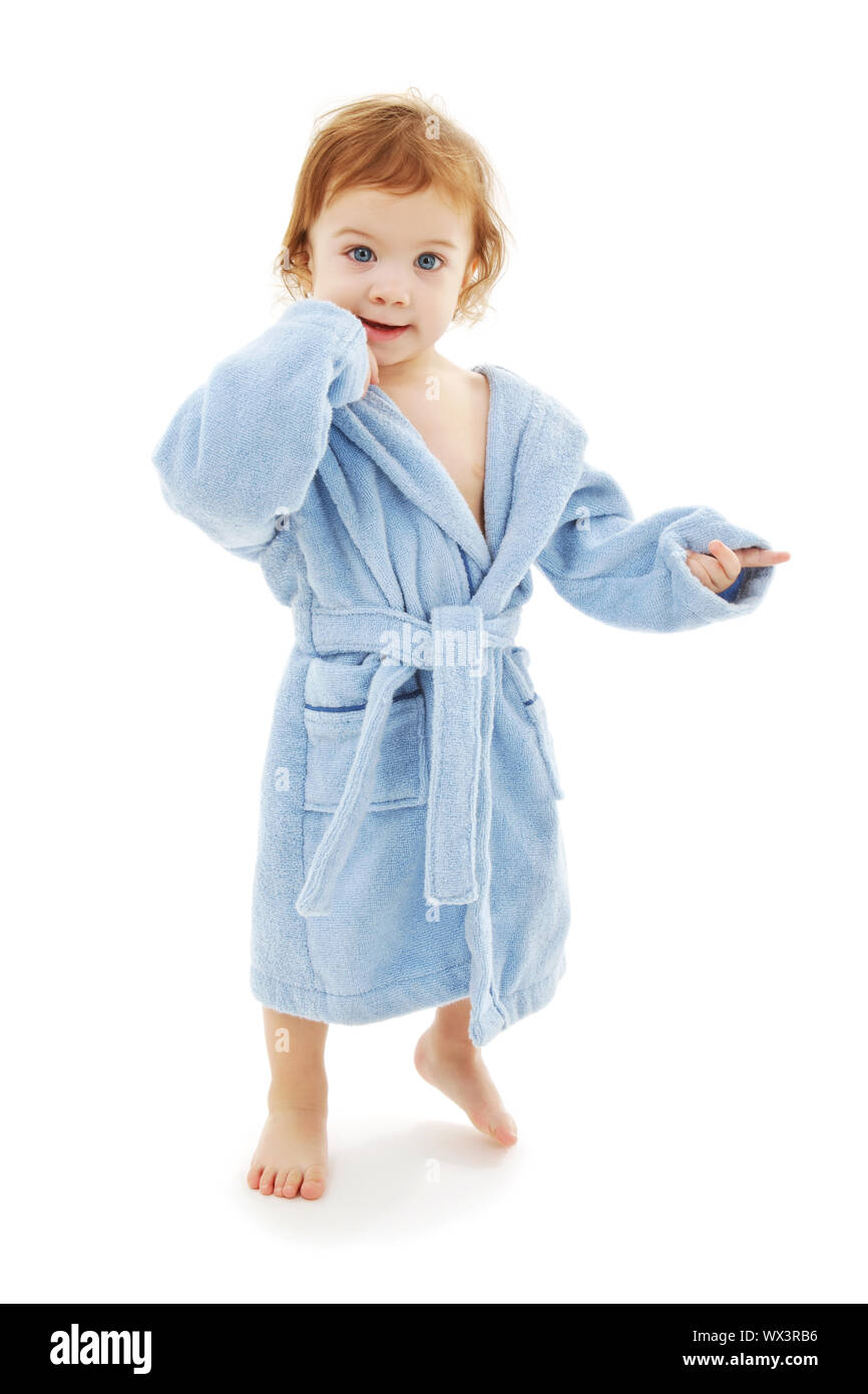 baby boy in blue robe over white Stock Photo - Alamy