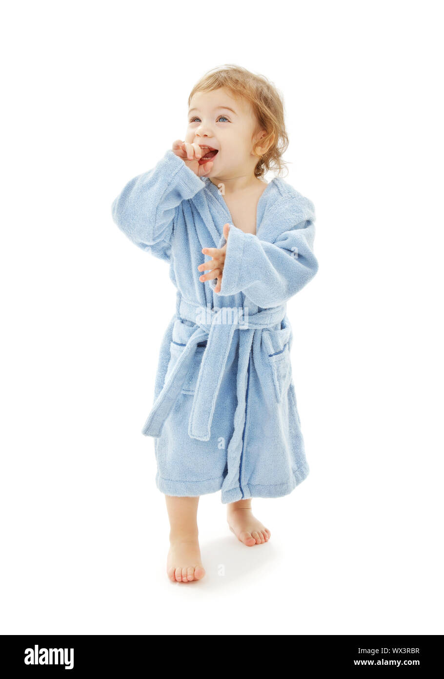 baby boy in blue robe over white Stock Photo - Alamy