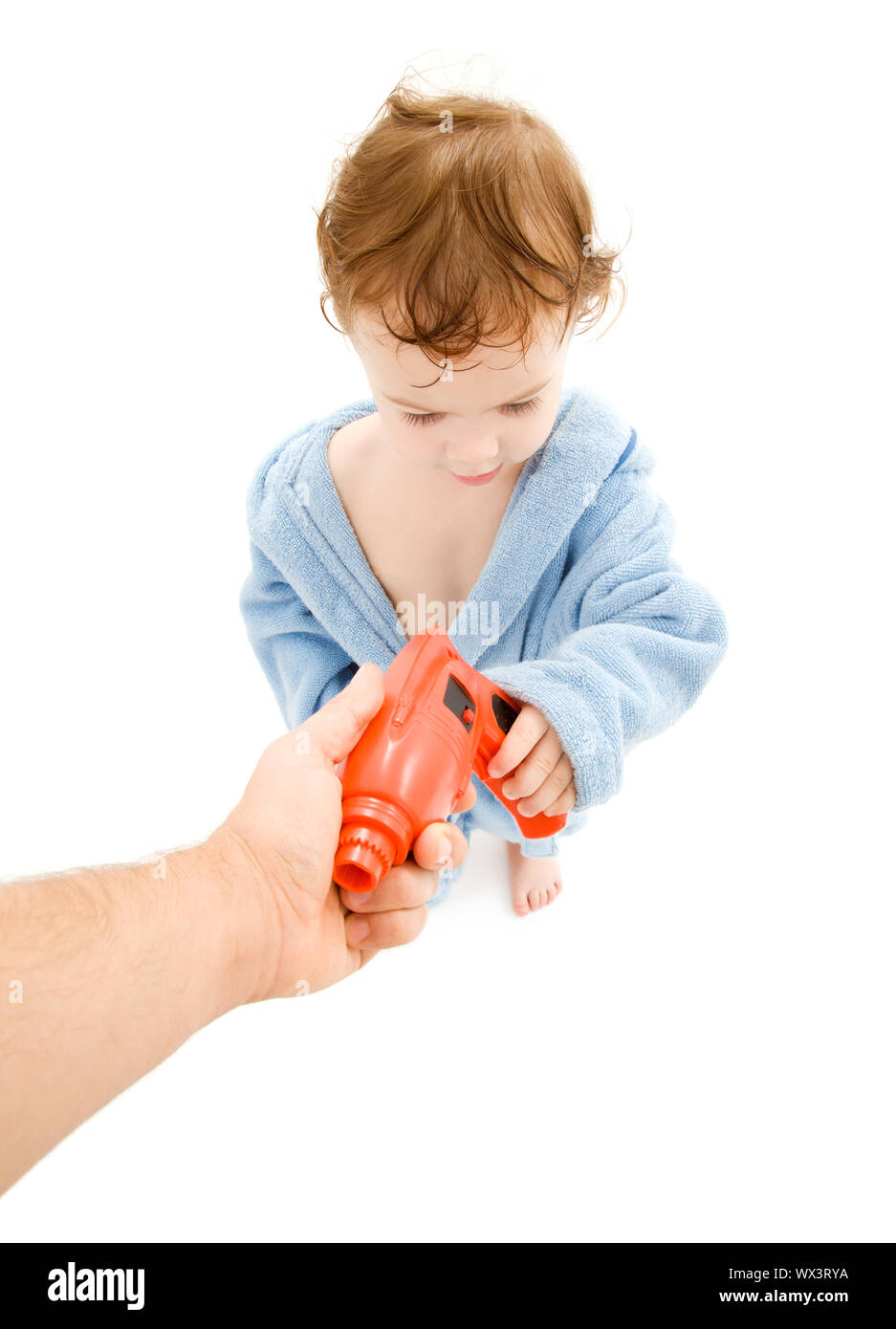baby boy with toy drill over white Stock Photo - Alamy