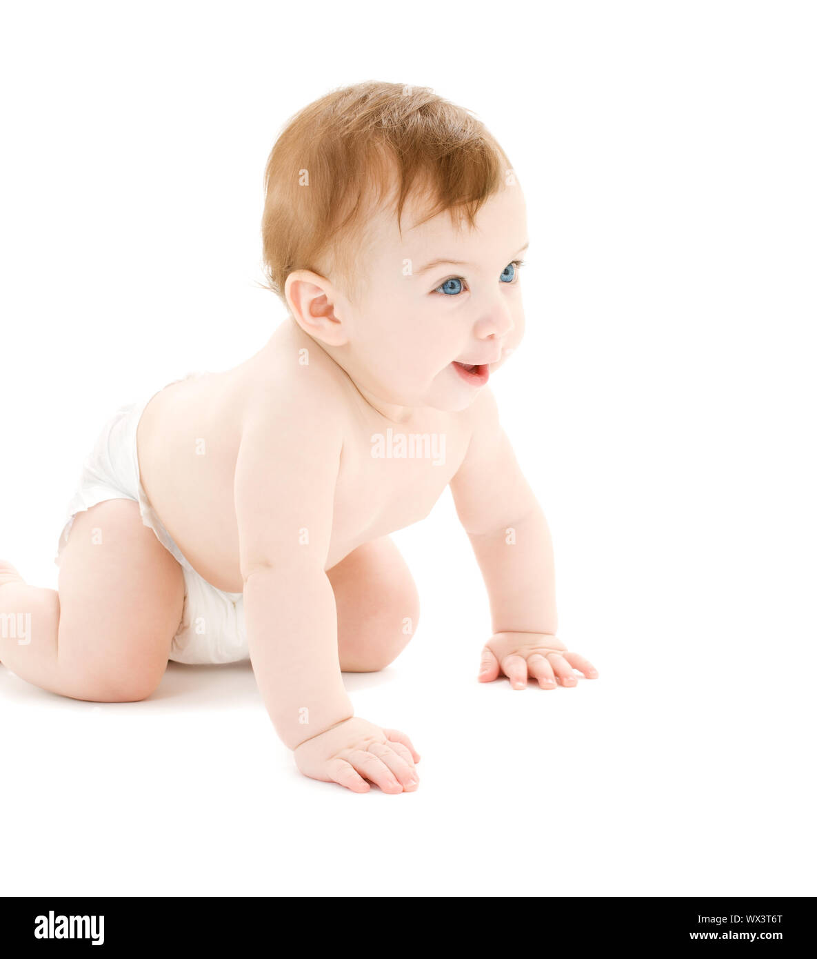 picture of crawling baby boy in diaper over white Stock Photo - Alamy
