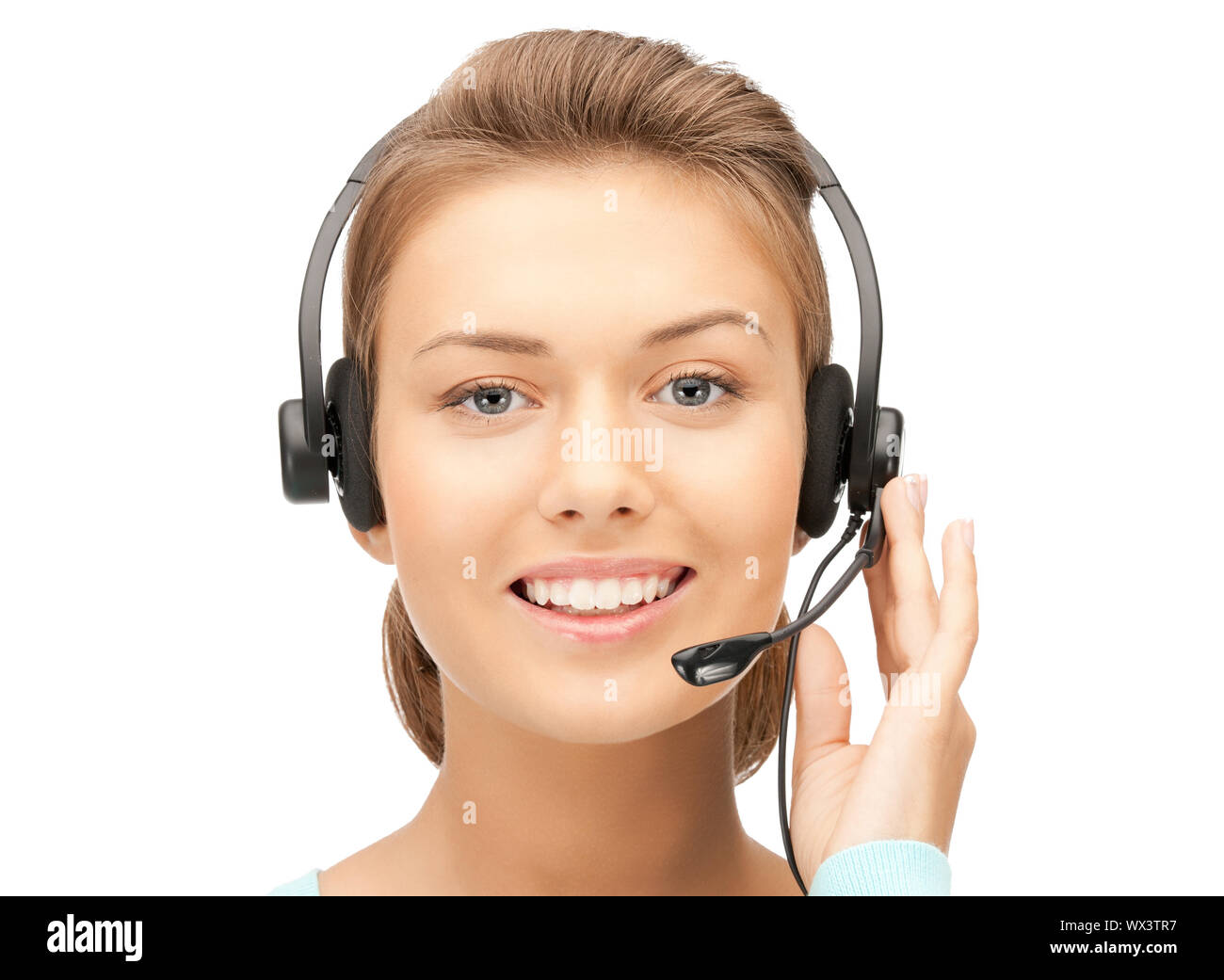 bright picture of friendly female helpline operator Stock Photo - Alamy