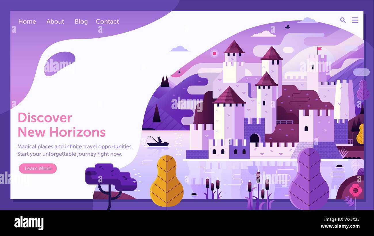 Traveling Web Site with Medieval Castle on Lake Stock Vector Image ...