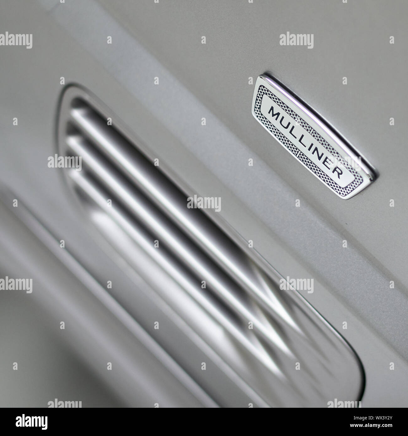 Close up view of a Bentley Mulliner showing the Mulliner badge and a ...