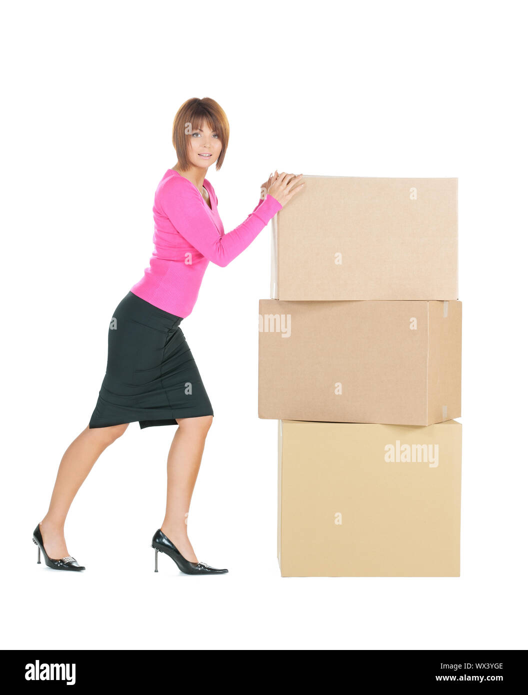 picture of attractive businesswoman with big boxes Stock Photo - Alamy