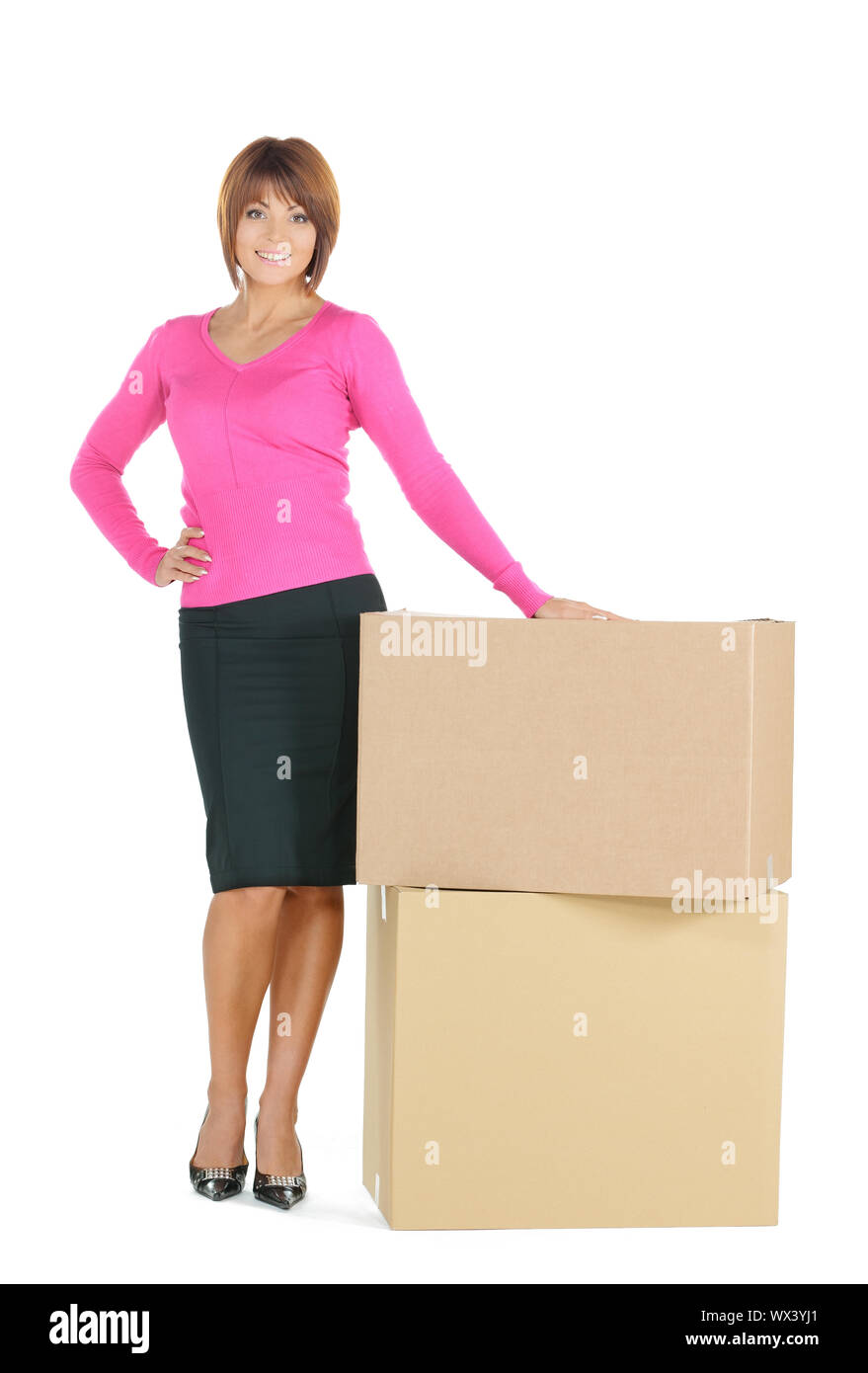 picture of attractive businesswoman with big boxes Stock Photo - Alamy