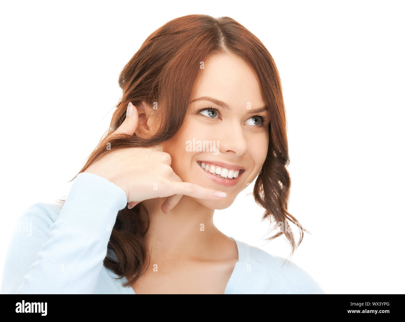 picture of beautiful woman making a call me gesture Stock Photo - Alamy