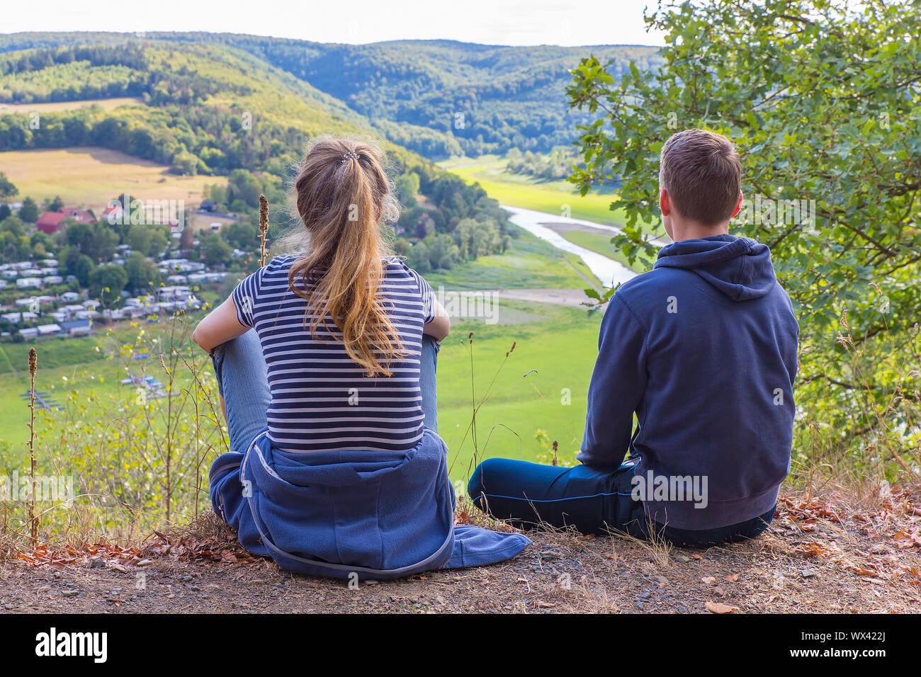 Mother and son viewing german landscape Stock Photo - Alamy