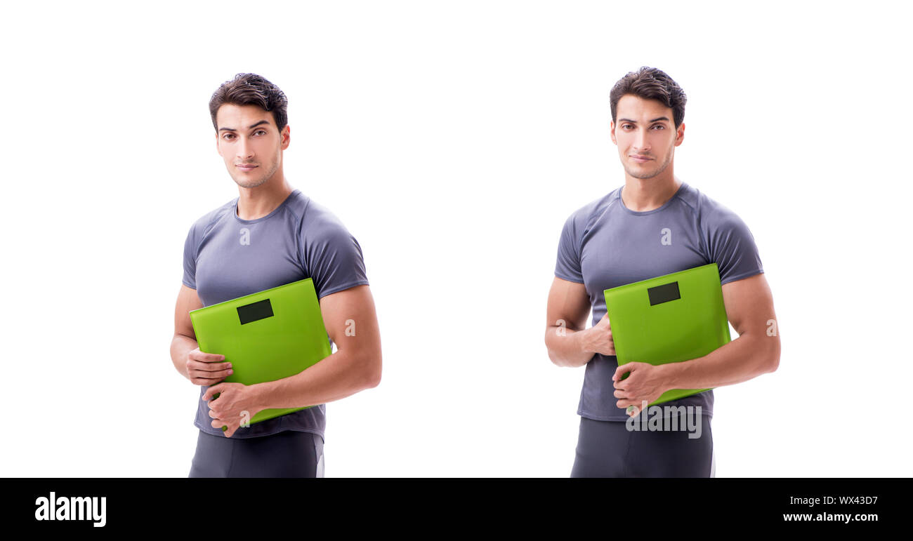 Man with scales in sports and health concept isolated on white Stock ...