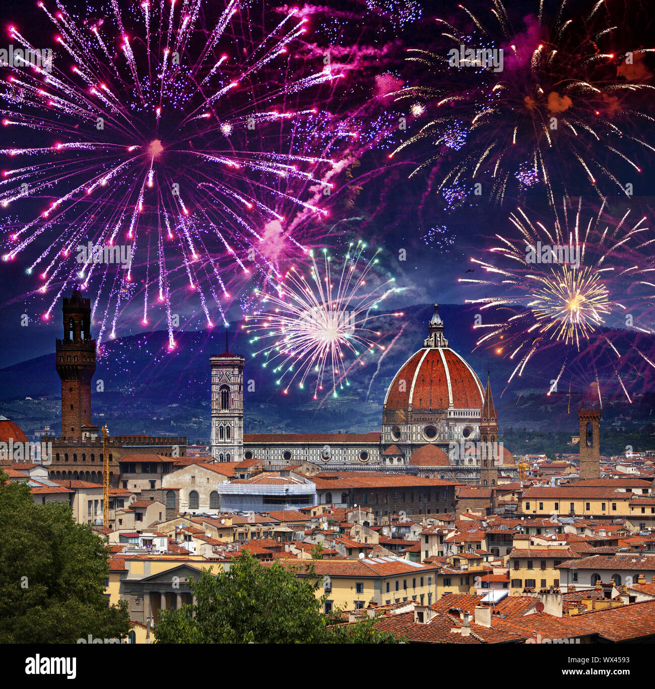 Celebratory fireworks over . Cathedral Santa Maria del Fiore. Italy ...
