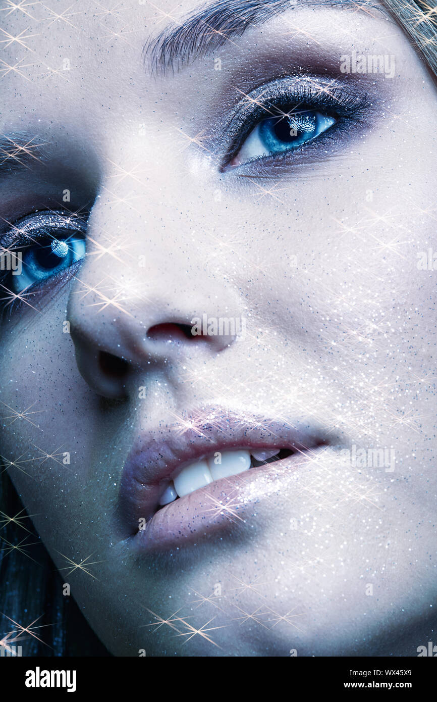 Portrait of beautiful young woman with vogue shining sparkle face ...