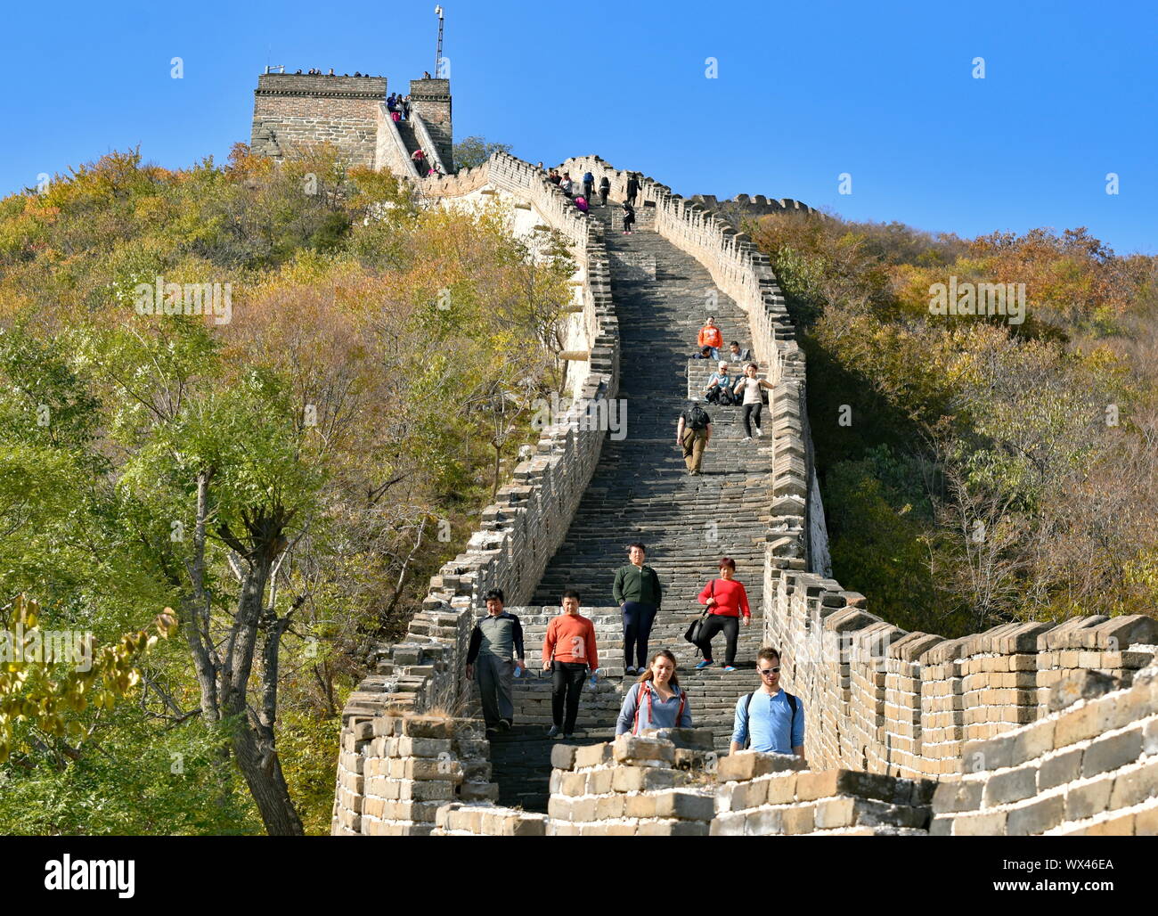 Great Wall of China steep steps section, Mutianyu, China Stock Photo ...