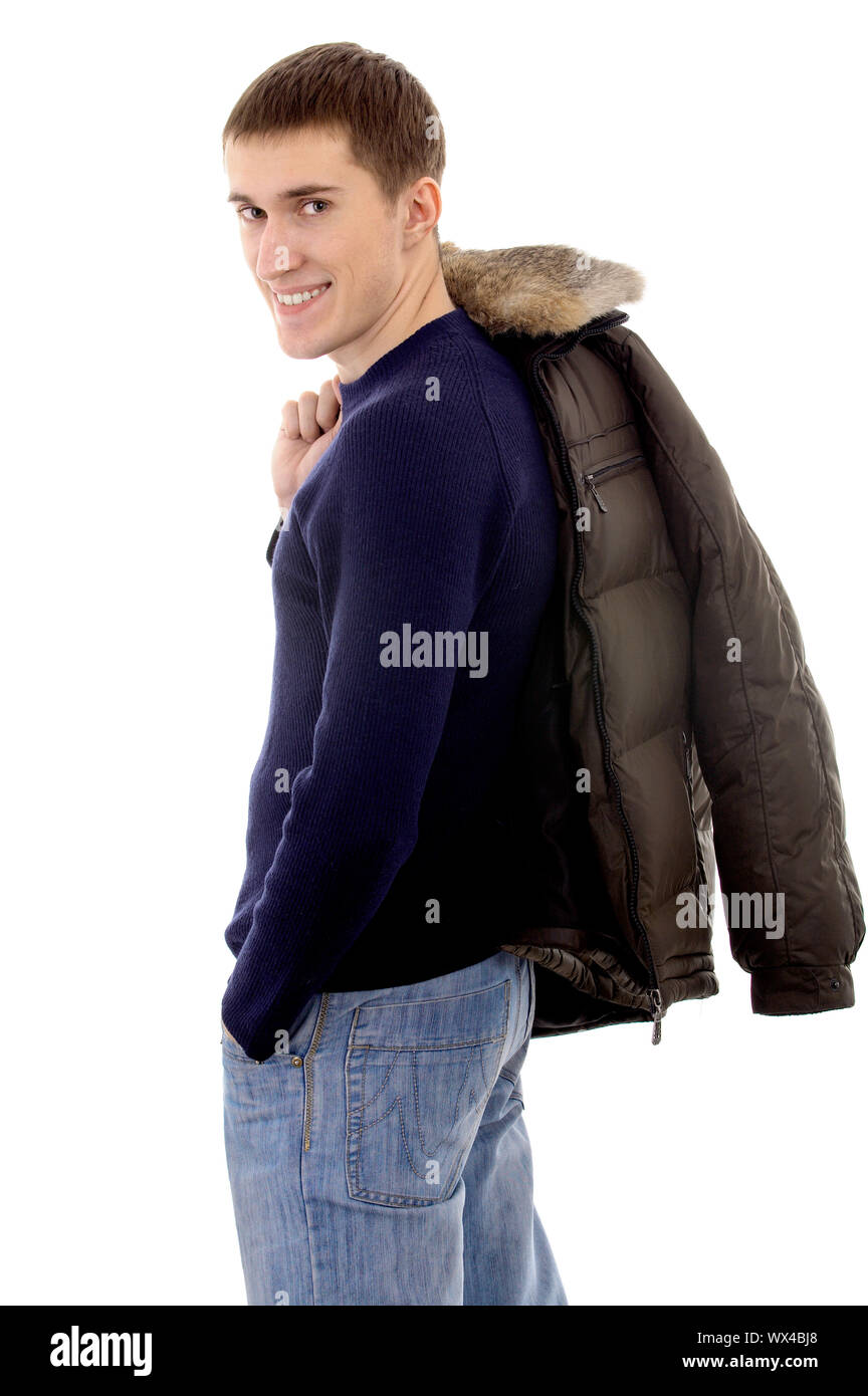 male caucasian person with warm clothing on isolated background Stock ...