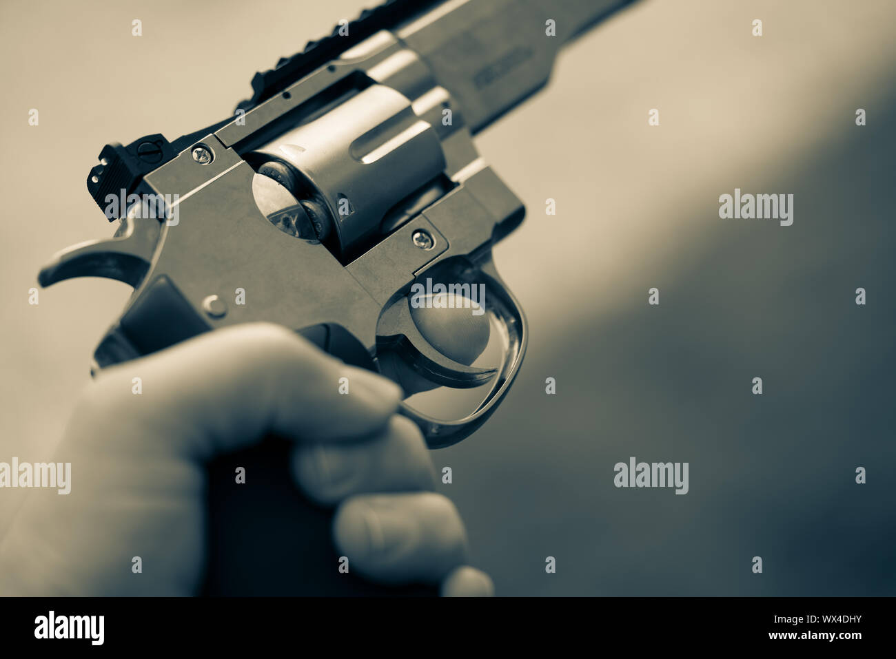 in one hand is large silver heavy revolver and aims into the air Stock ...