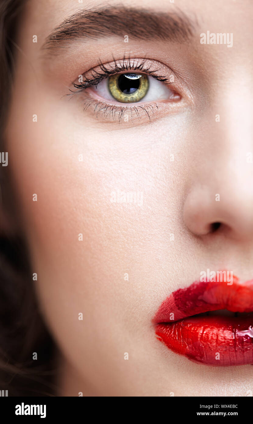 Closeup macro portrait of female face. Human woman half-face with ...