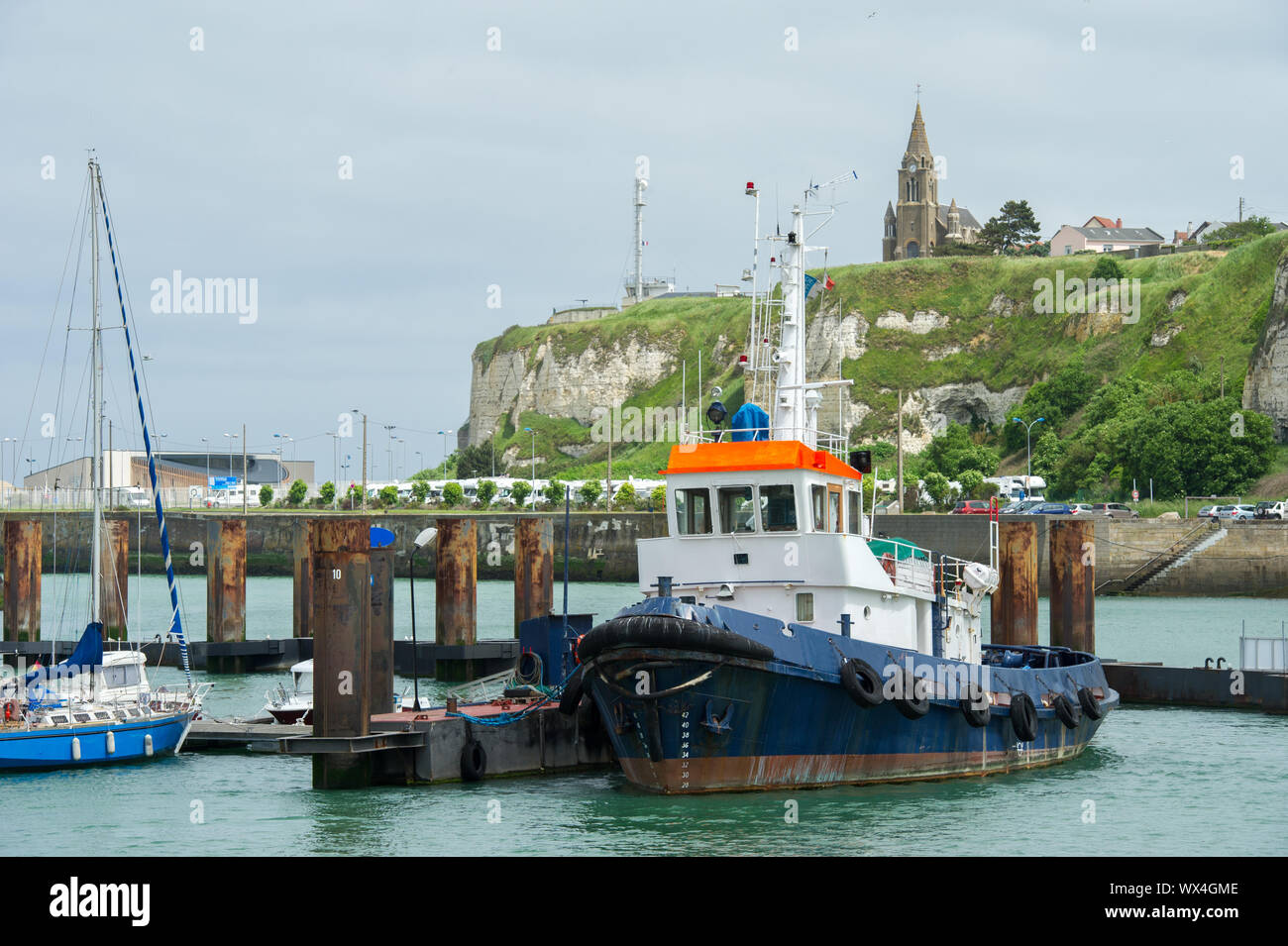 harbor Dieppe at France with boats and church Stock Photo - Alamy