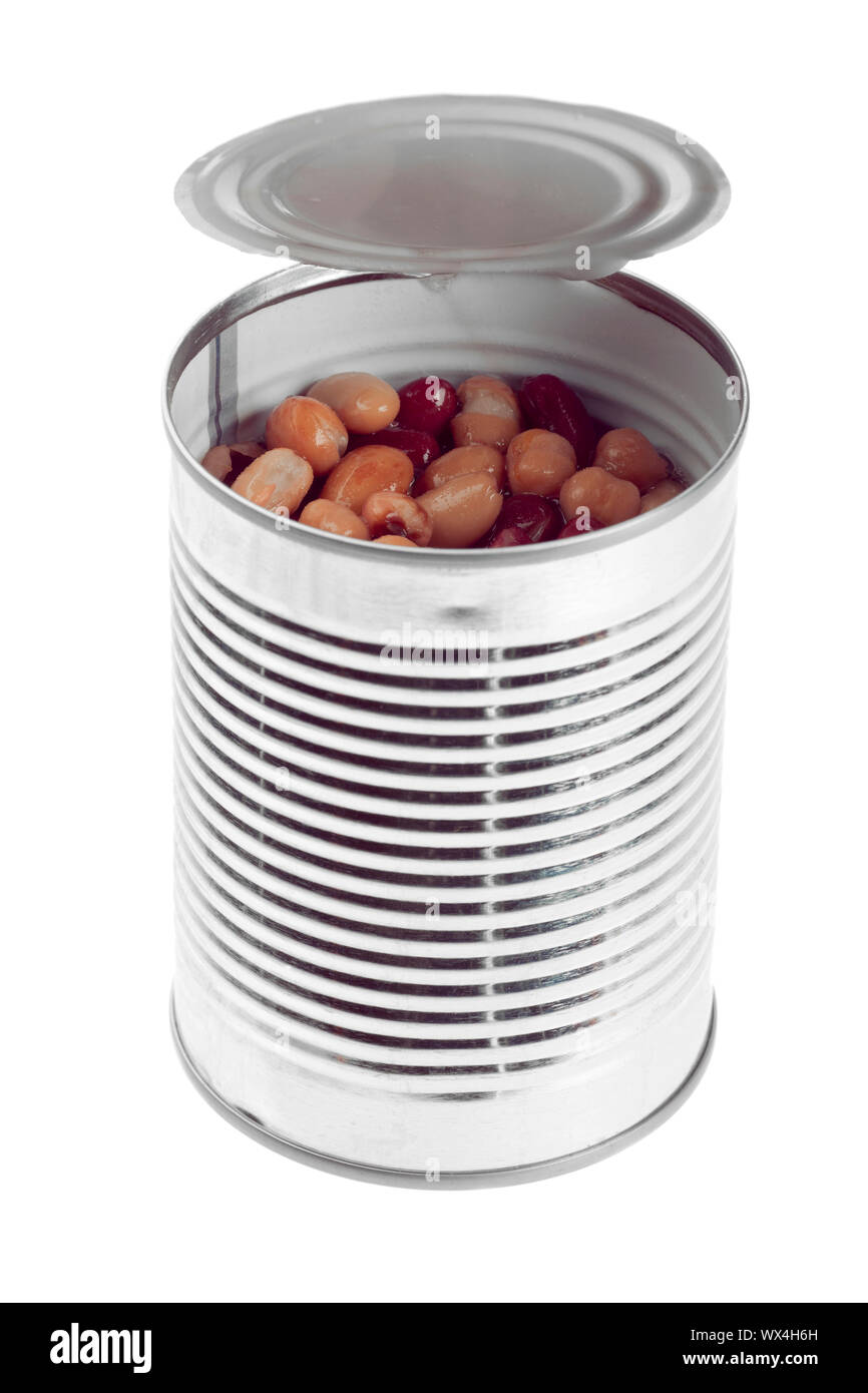 A close-up portrait of canned of assorted beans over the white ...