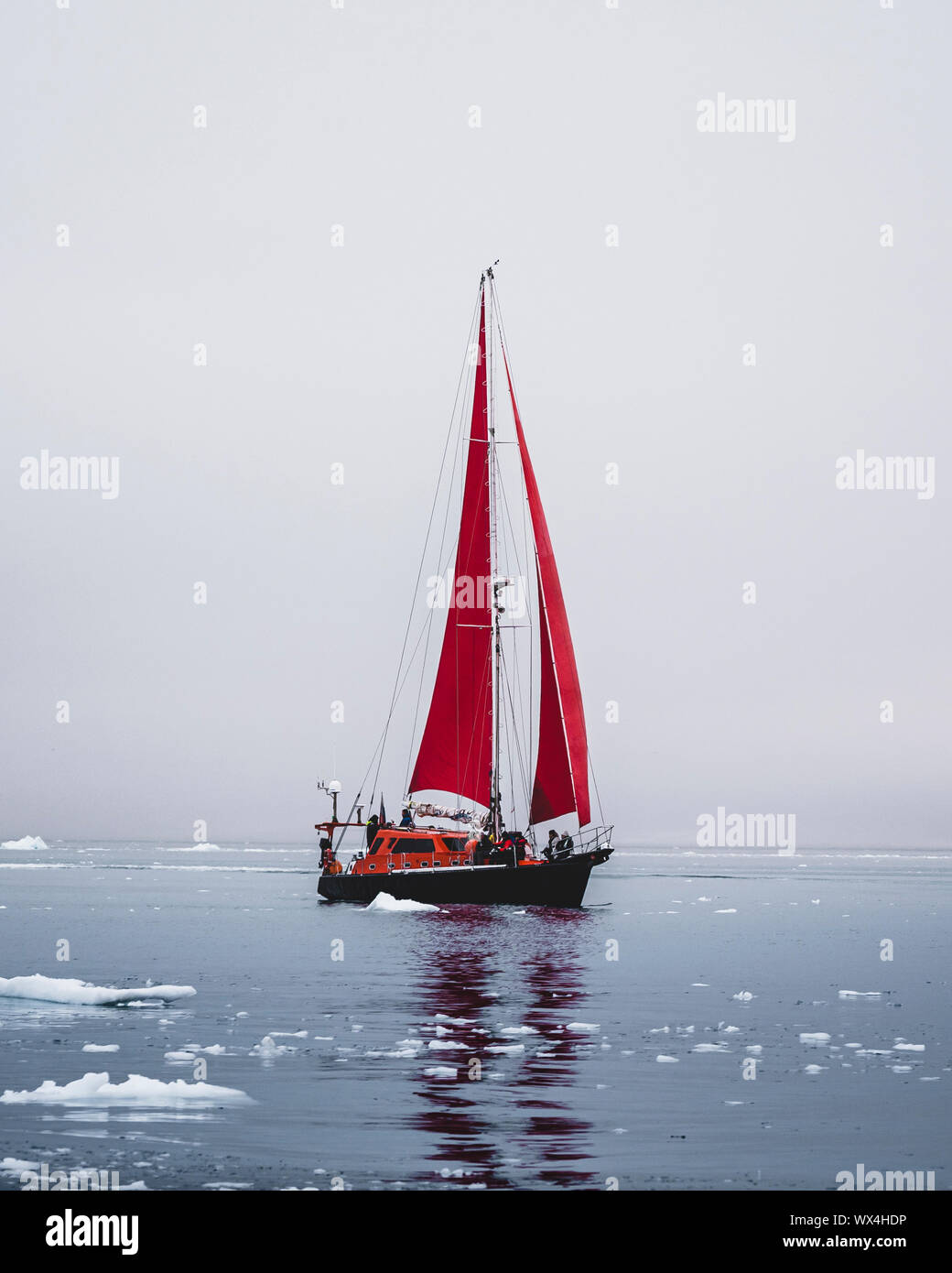Beautiful red sailboat in the arctic next to a massive iceberg showing ...