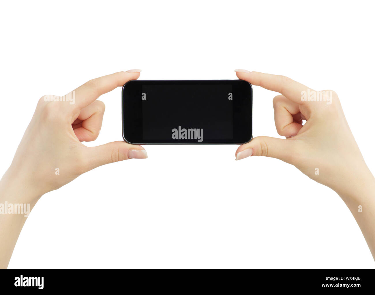 Hand holding big touchscreen smart phone, clipping path Stock Photo - Alamy
