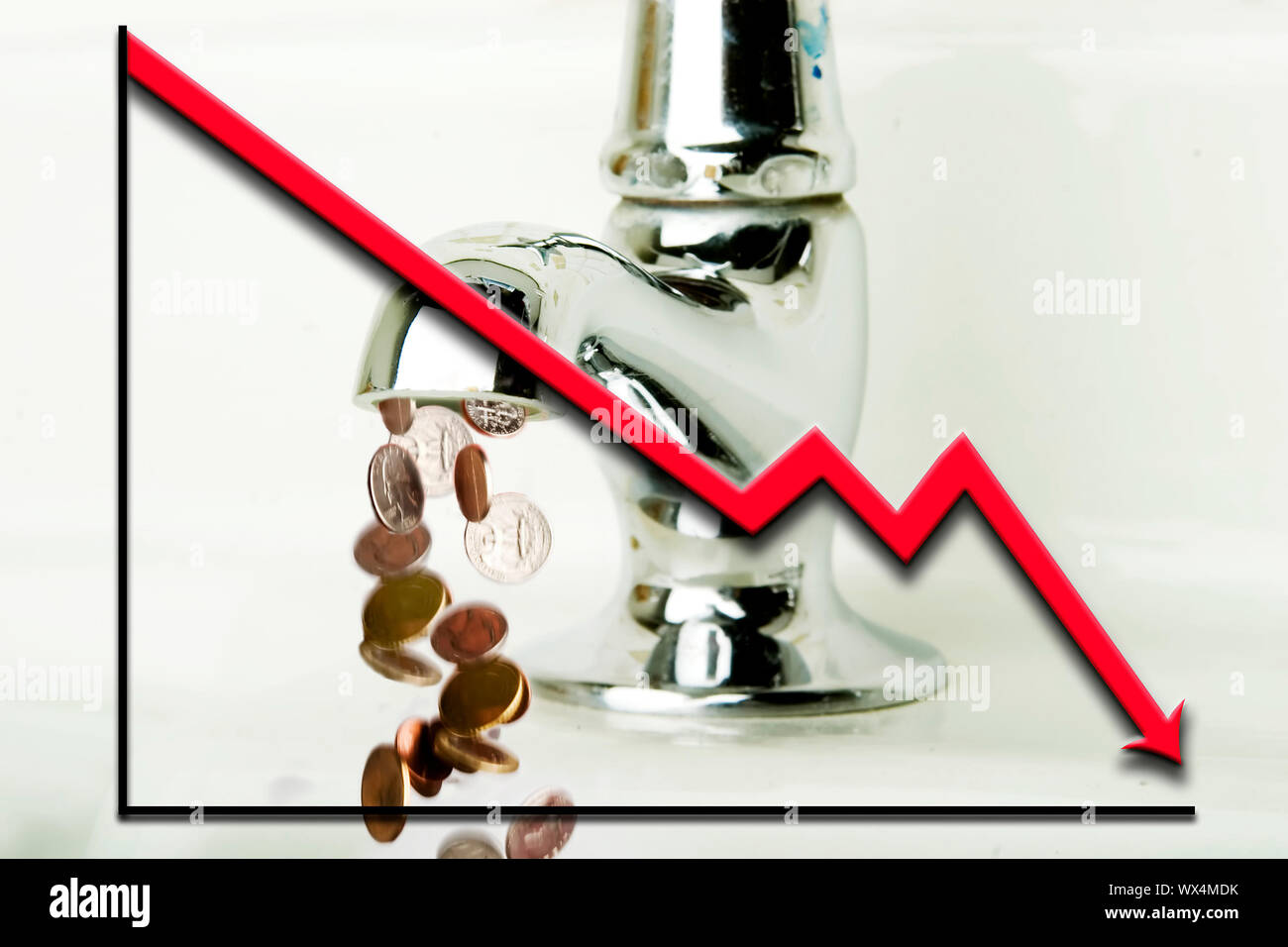 Money flowing out of a retro bathroom tap with a graph going down ...