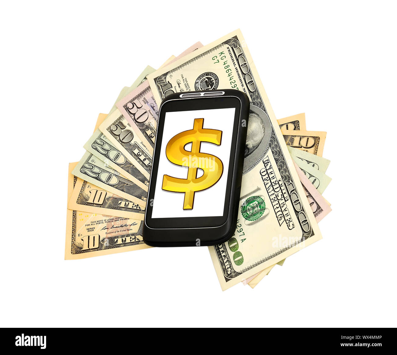 mobile phone, money and gold dollar symbol Stock Photo - Alamy