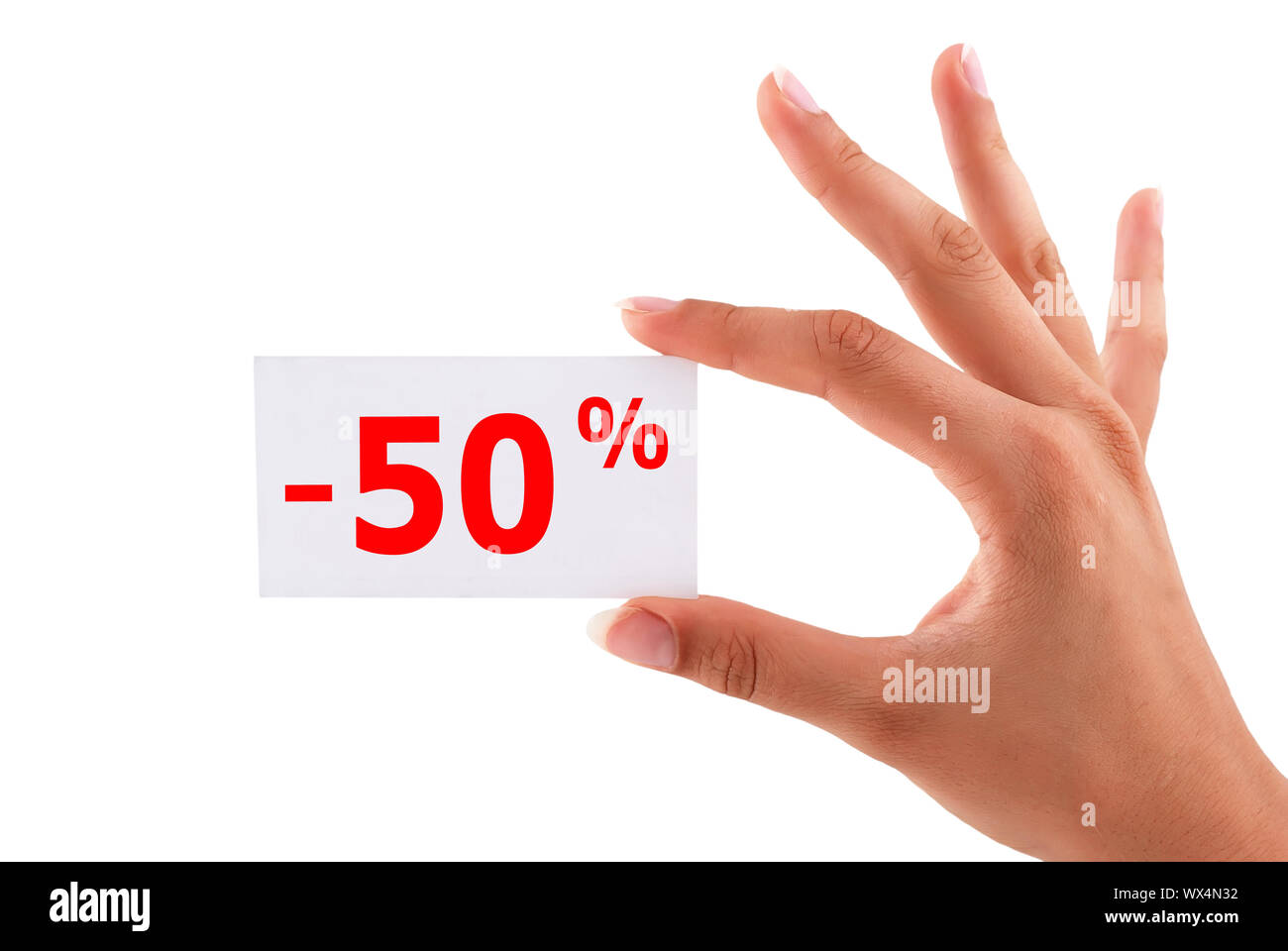 discount cards in hand on a white background Stock Photo - Alamy