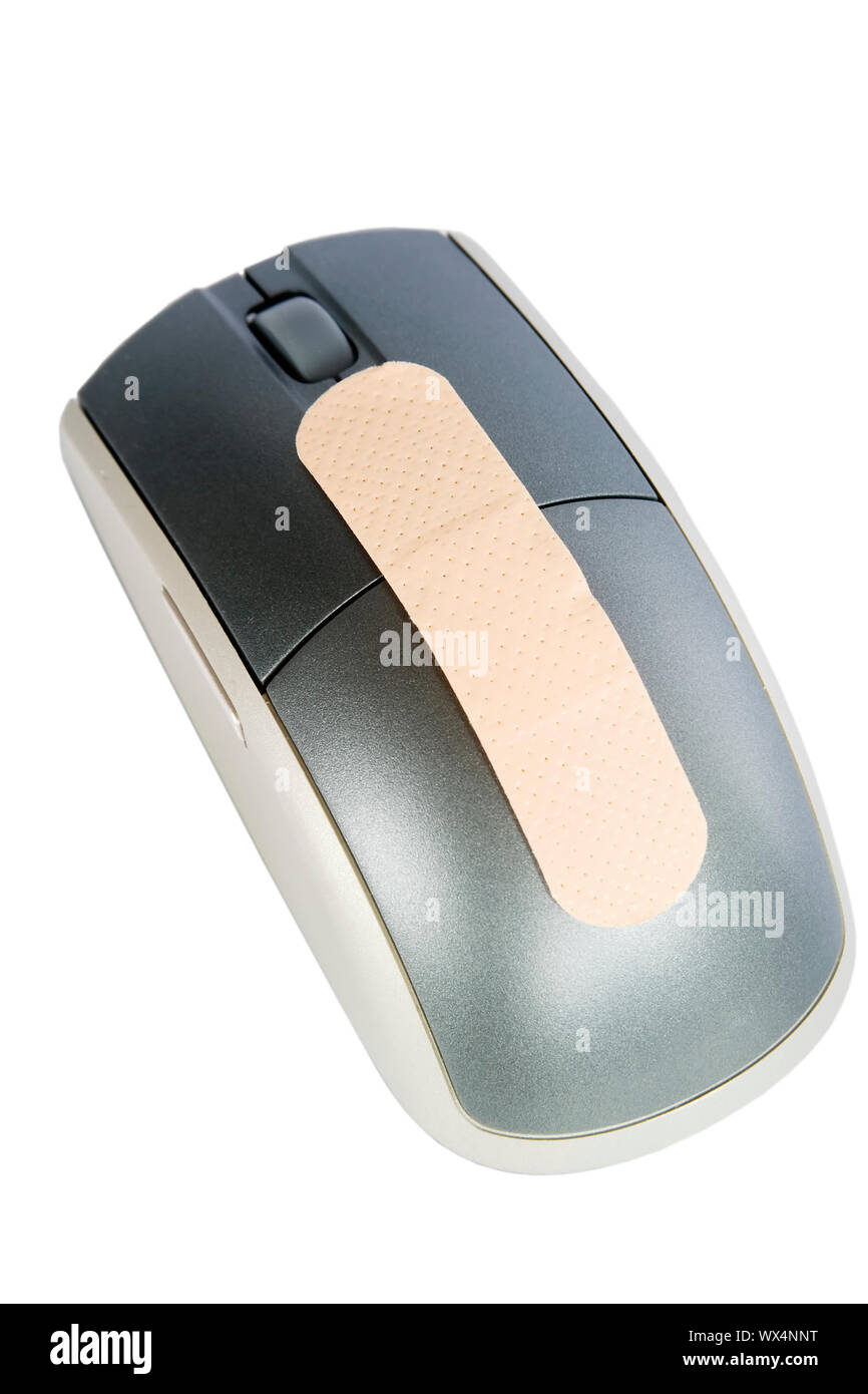 A cordless mouse with a adhesive bandage on it. Isolated on white ...