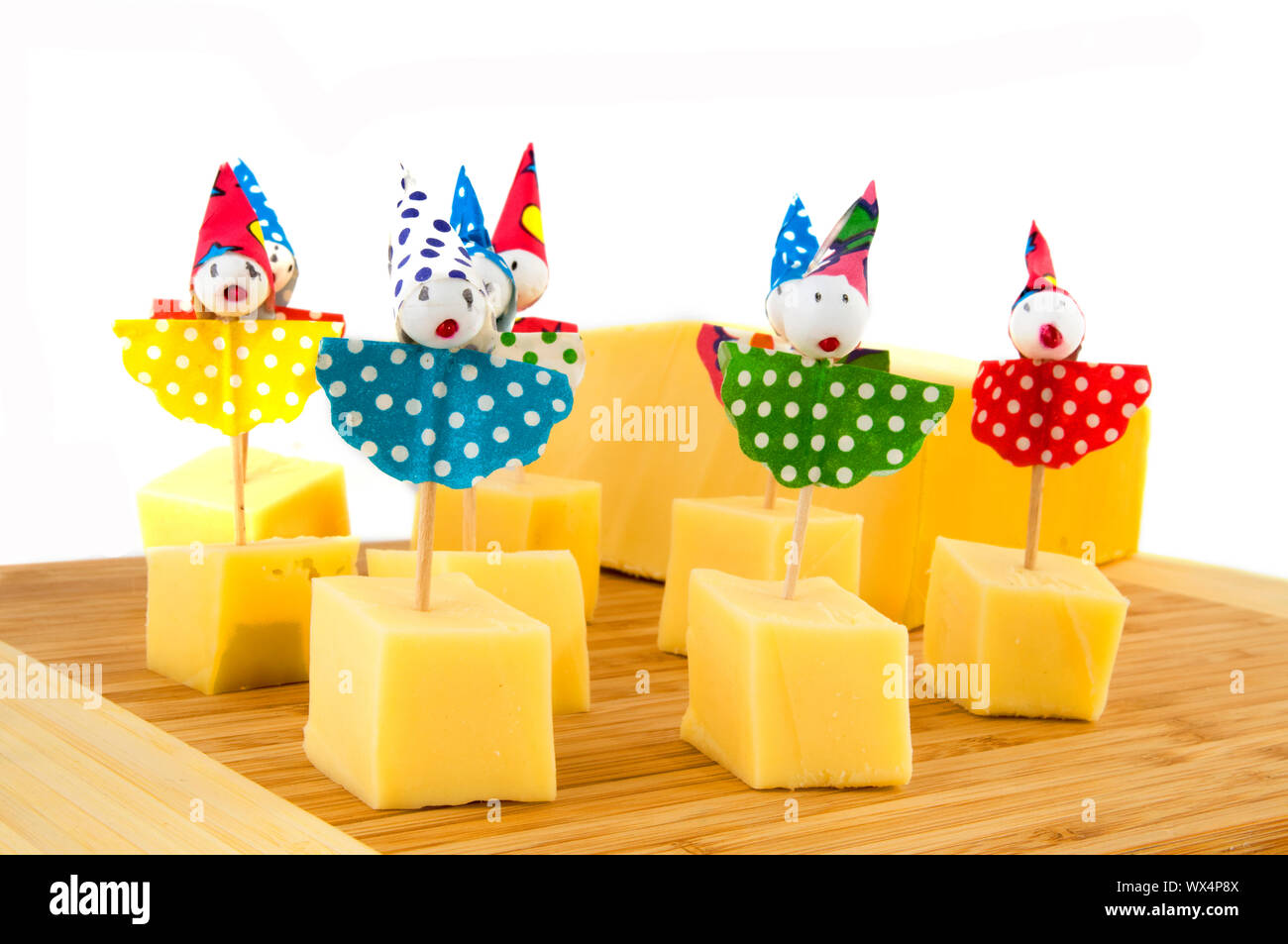 cheese cubes from Holland with clowns for a child party Stock Photo - Alamy