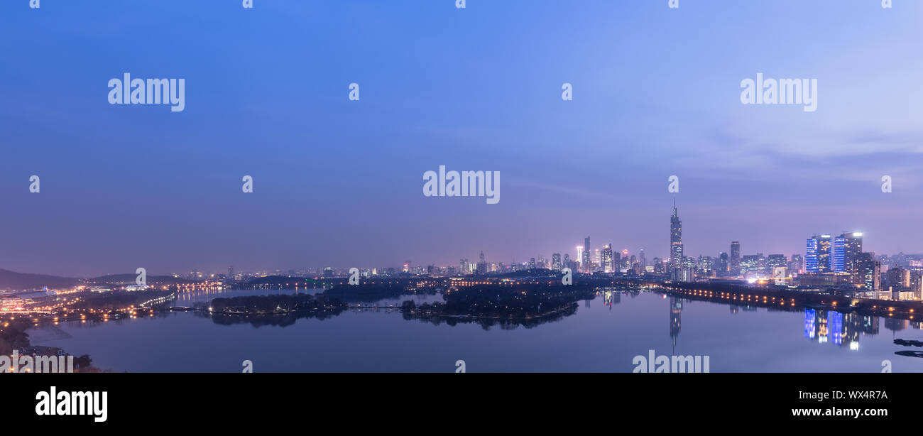 modern nanjing city skyline with the beautiful lake at night Stock ...