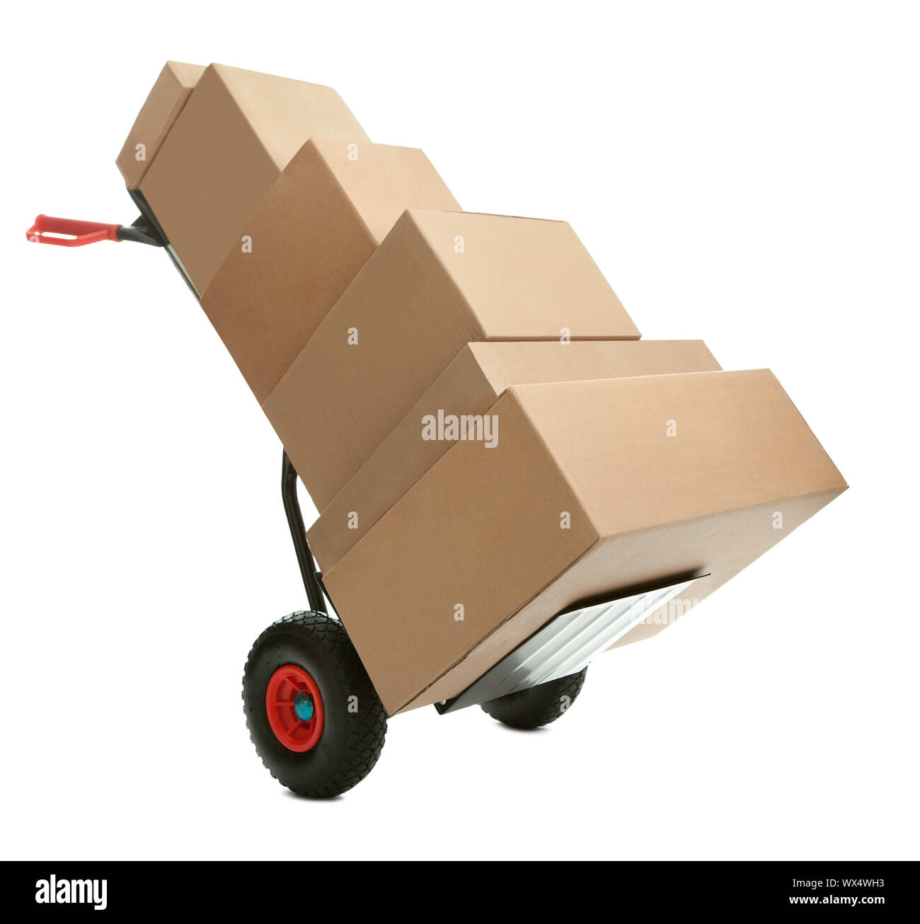 Hand truck with cardboard boxes on it ready for delivery over white ...