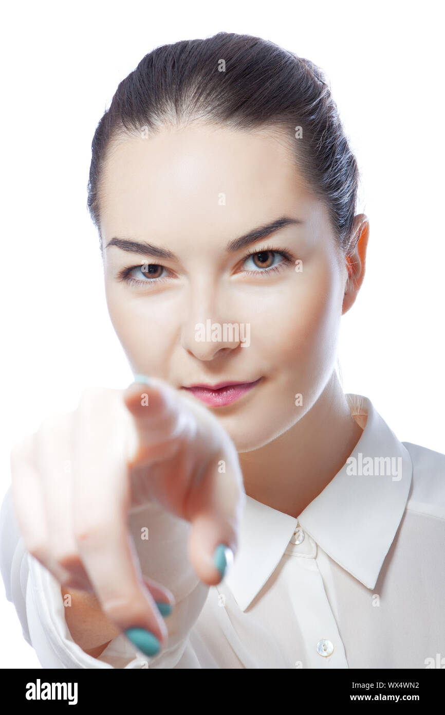woman shows finger isolated on white background Stock Photo - Alamy