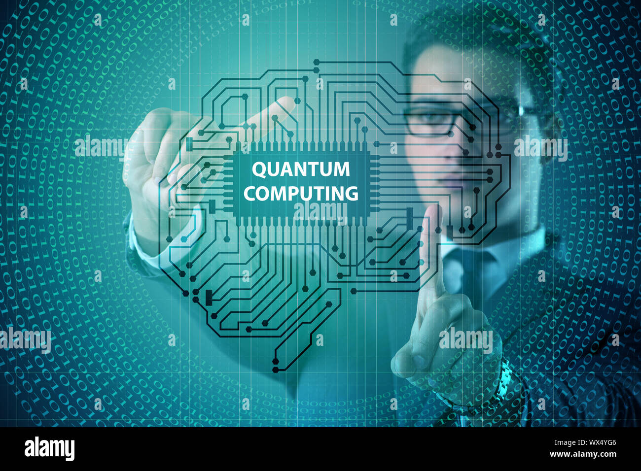 Businessman pressing virtual button in quantum computing concept Stock Photo - Alamy