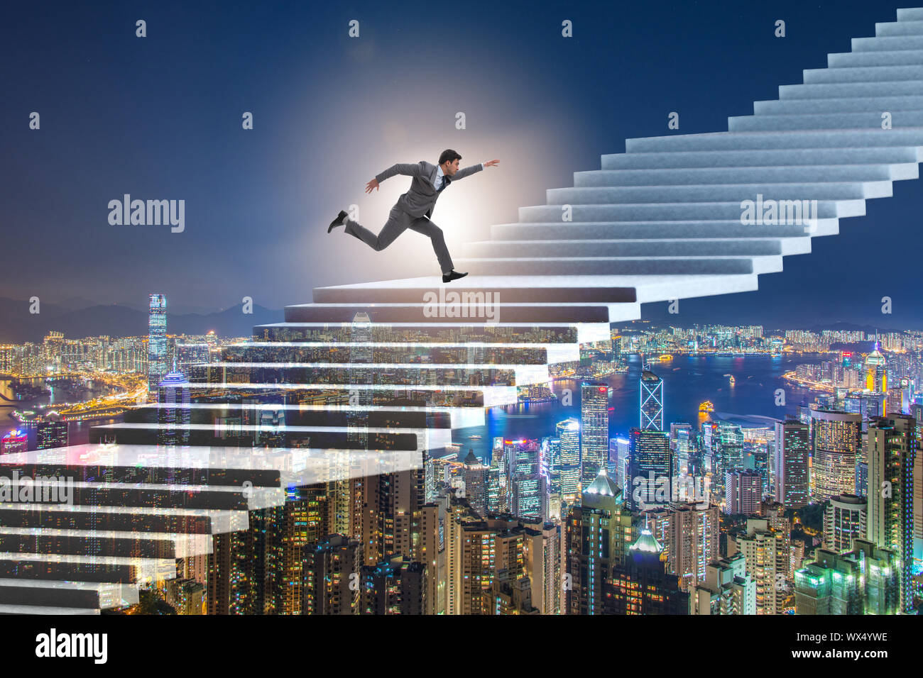 Businessman climbing career ladder over city Stock Photo - Alamy