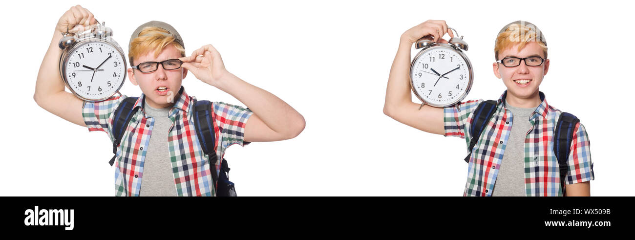 Young boy with alarm-clock in time management concept Stock Photo - Alamy