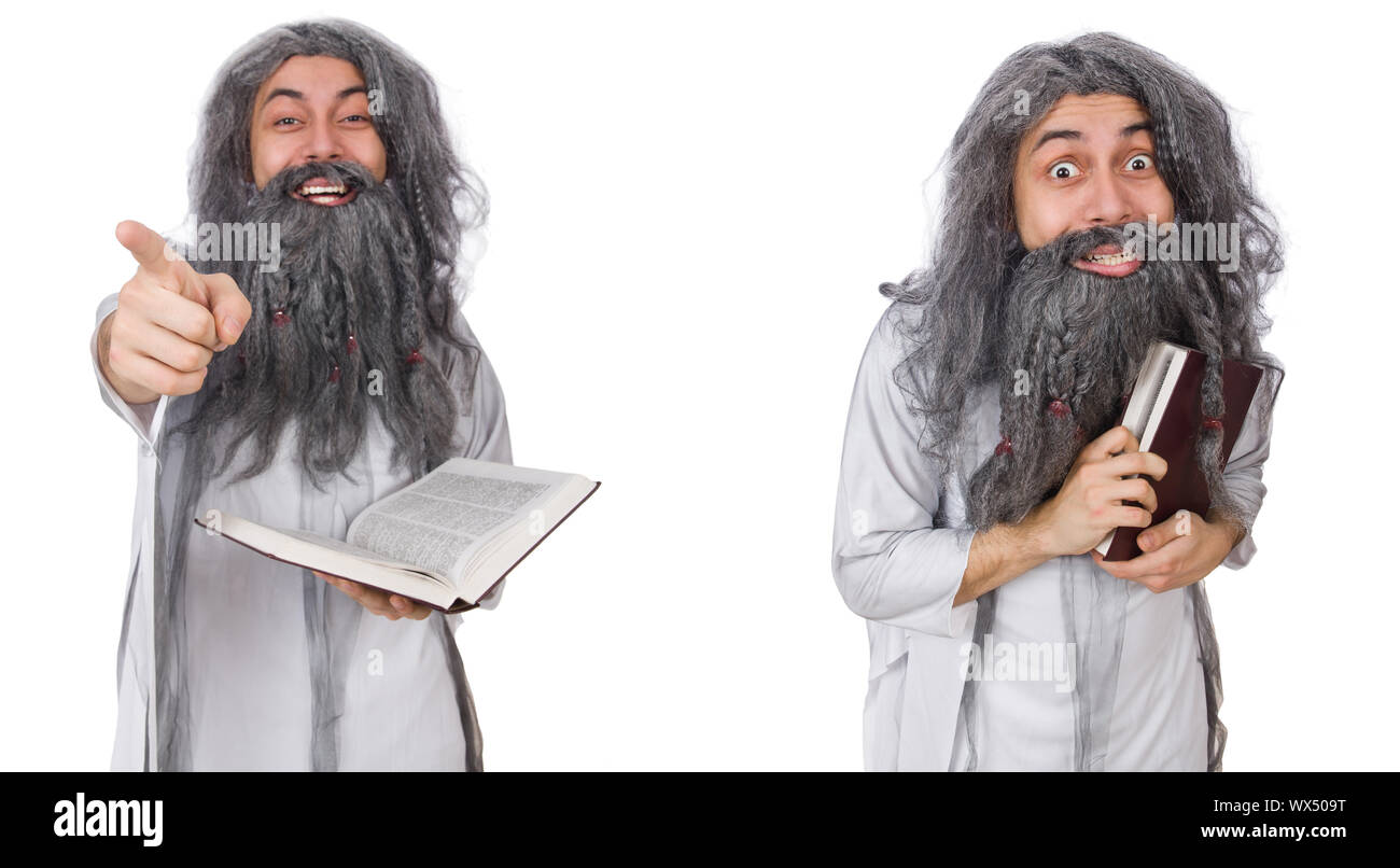 Funny old wizard with book Stock Photo - Alamy