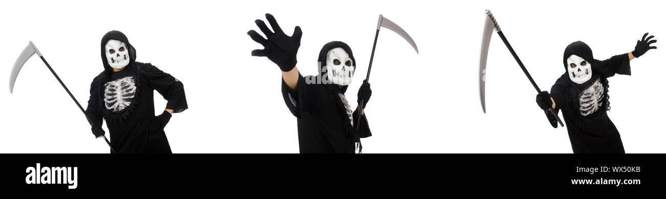 Scary monster with scythe isolated on white Stock Photo - Alamy