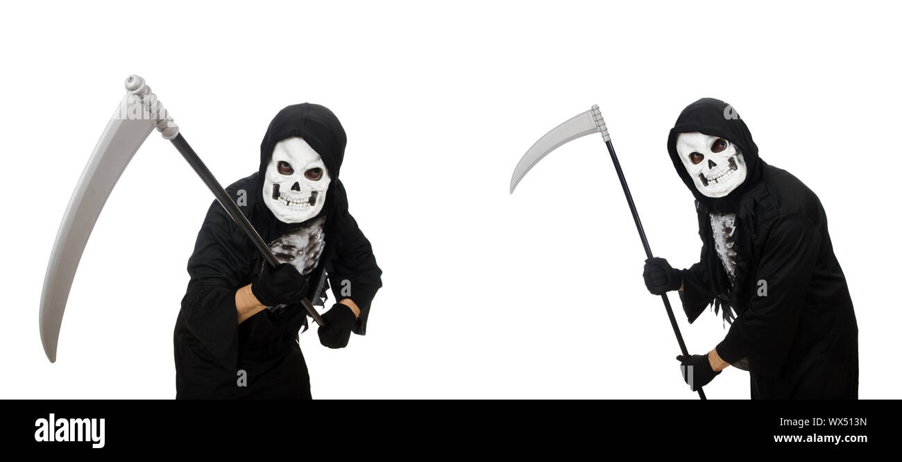 Scary monster with scythe isolated on white Stock Photo - Alamy