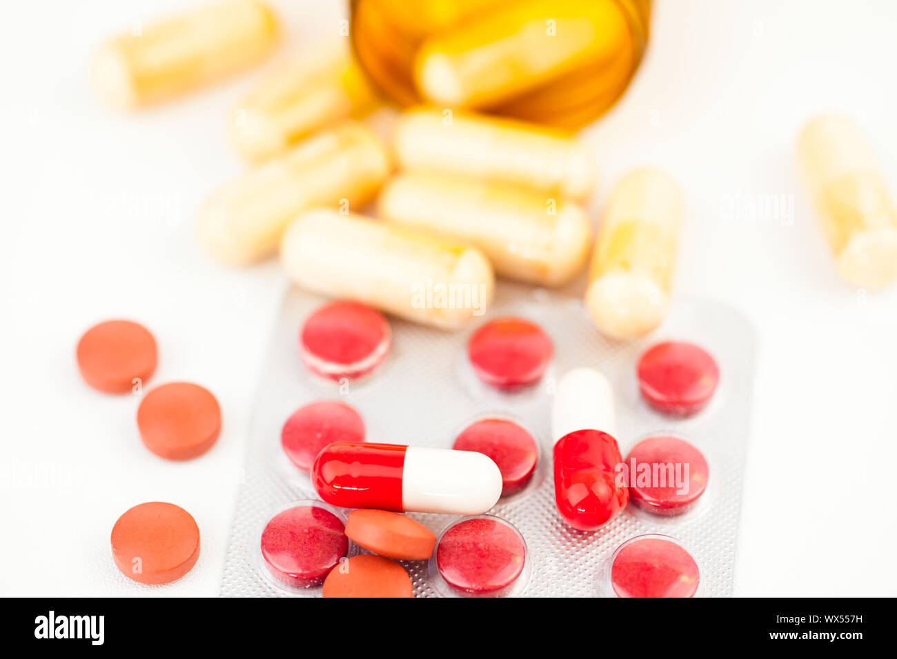 Close up of medications dispersed against white background Stock Photo ...