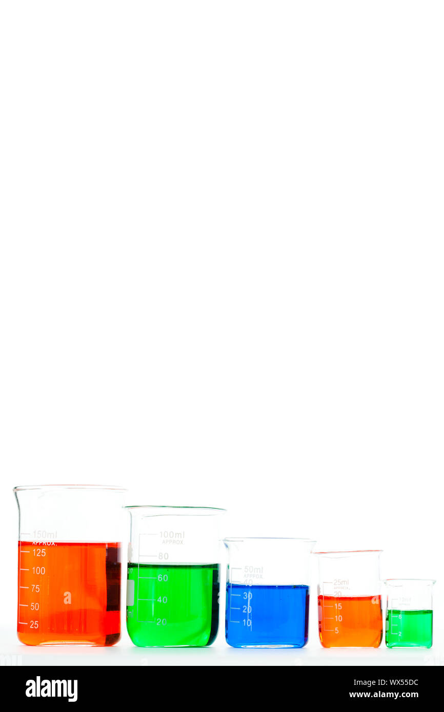 Five beakers in different size against a white background Stock Photo ...