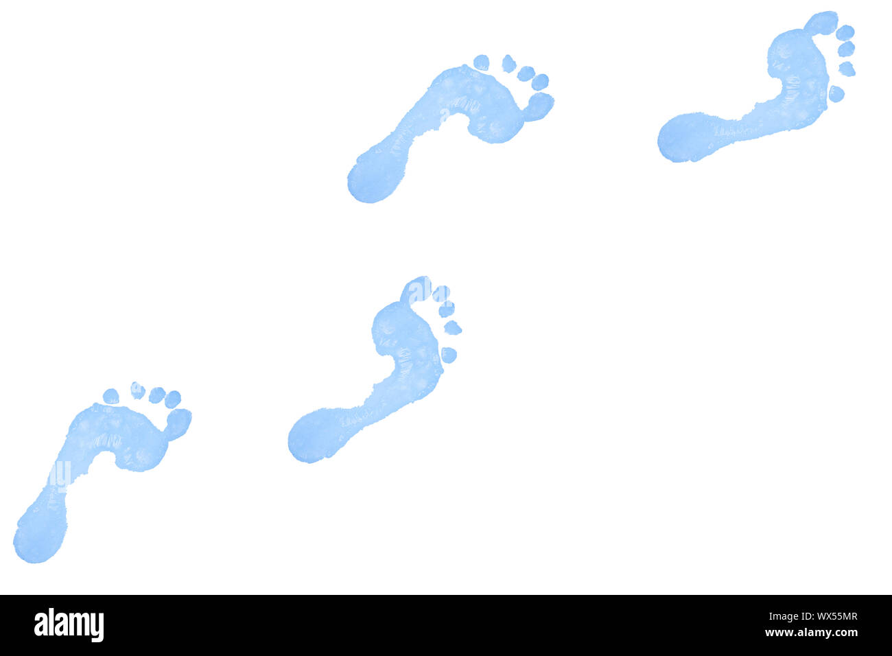 Four blue footprints against a white background Stock Photo - Alamy
