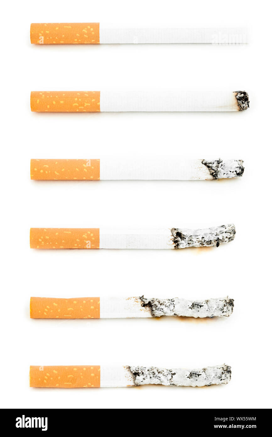 Different cigarettes burning against a white background Stock Photo - Alamy