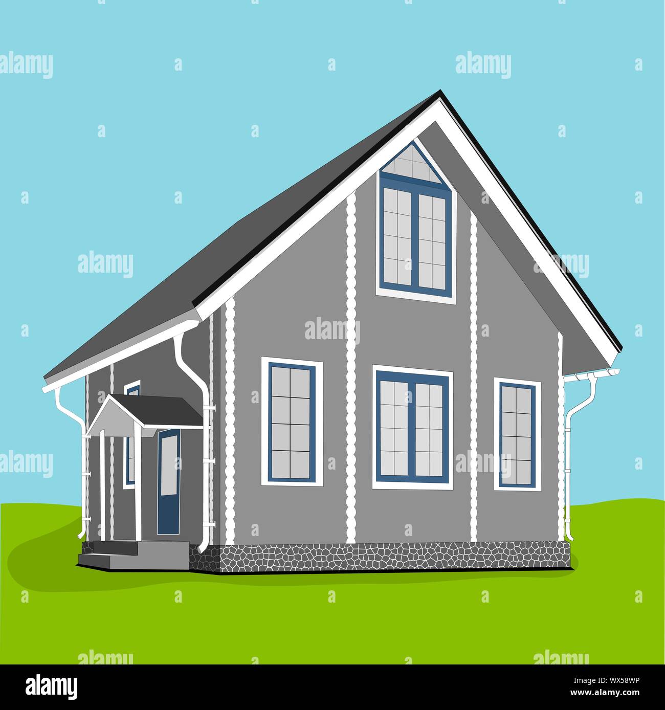 Flat drawing of a large house. Cottage building with Windows. Red roof ...