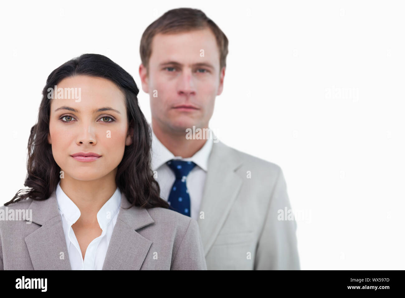Office employees standing together against a white background Stock ...