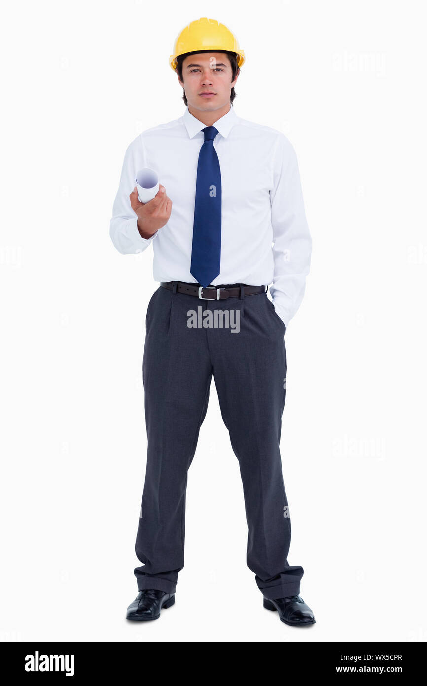 Male architect with plans and helmet against a white background Stock ...