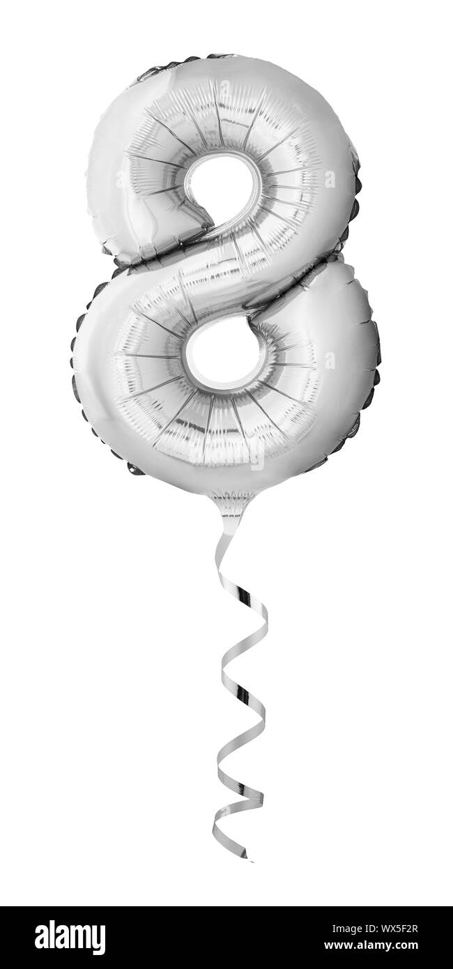 Silver chrome number 8 eight made of inflatable helium balloon with a ...
