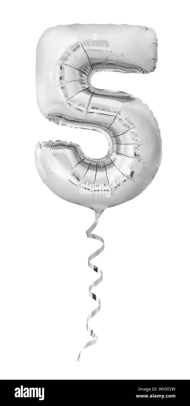 Silver chrome number 5 five made of inflatable helium balloon with a ...
