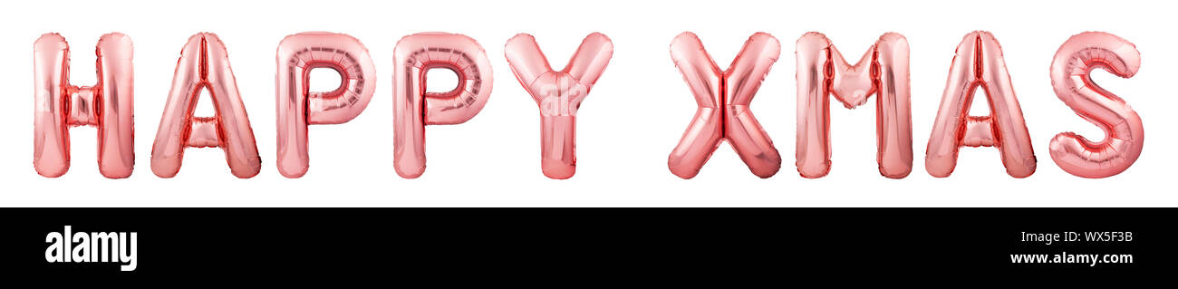 Words HAPPY XMAS made of rose gold inflatable balloon letters isolated ...
