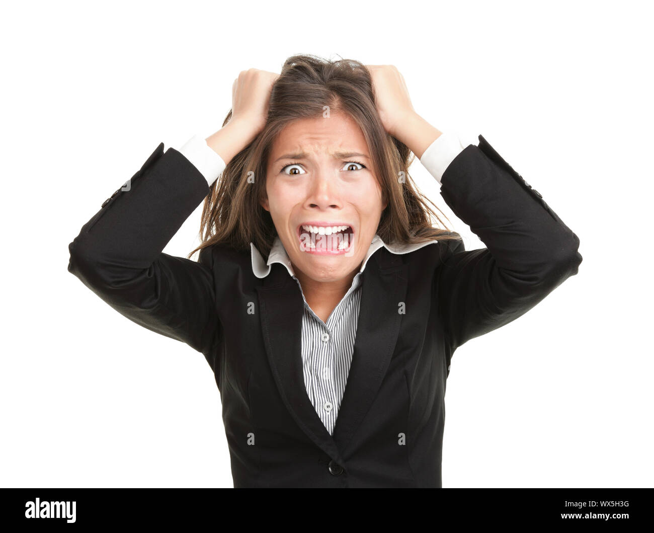 Frustration. Frustrated and stressed young businesswoman in suit ...